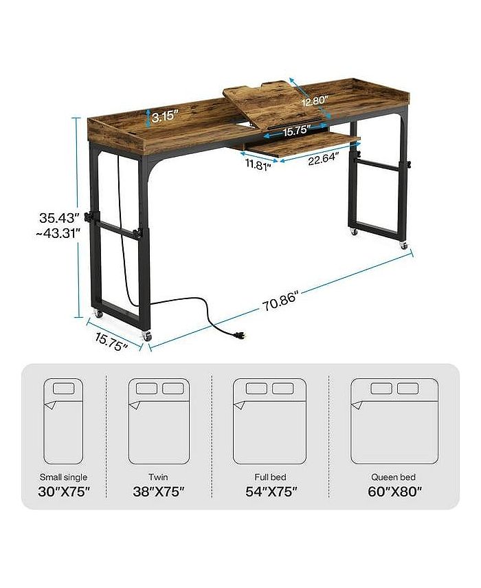 Tribesigns Height Adjustable Overbed Table with Wheels, Queen Size Mobile Over Bed Desk with ...