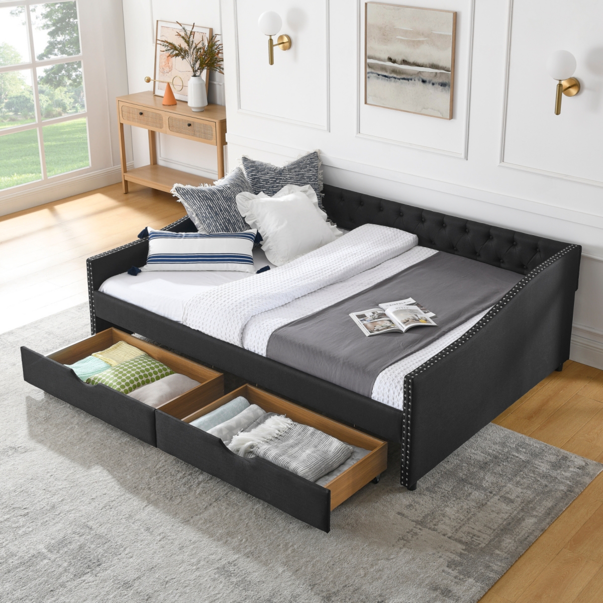 Click here for Upholstered Queen Size Daybed with Drawers - Black prices