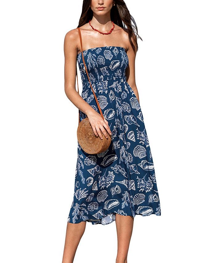 CUPSHE Women's Blue Seashell Smocked Bodice Midi Tube Beach Dress - Macy's