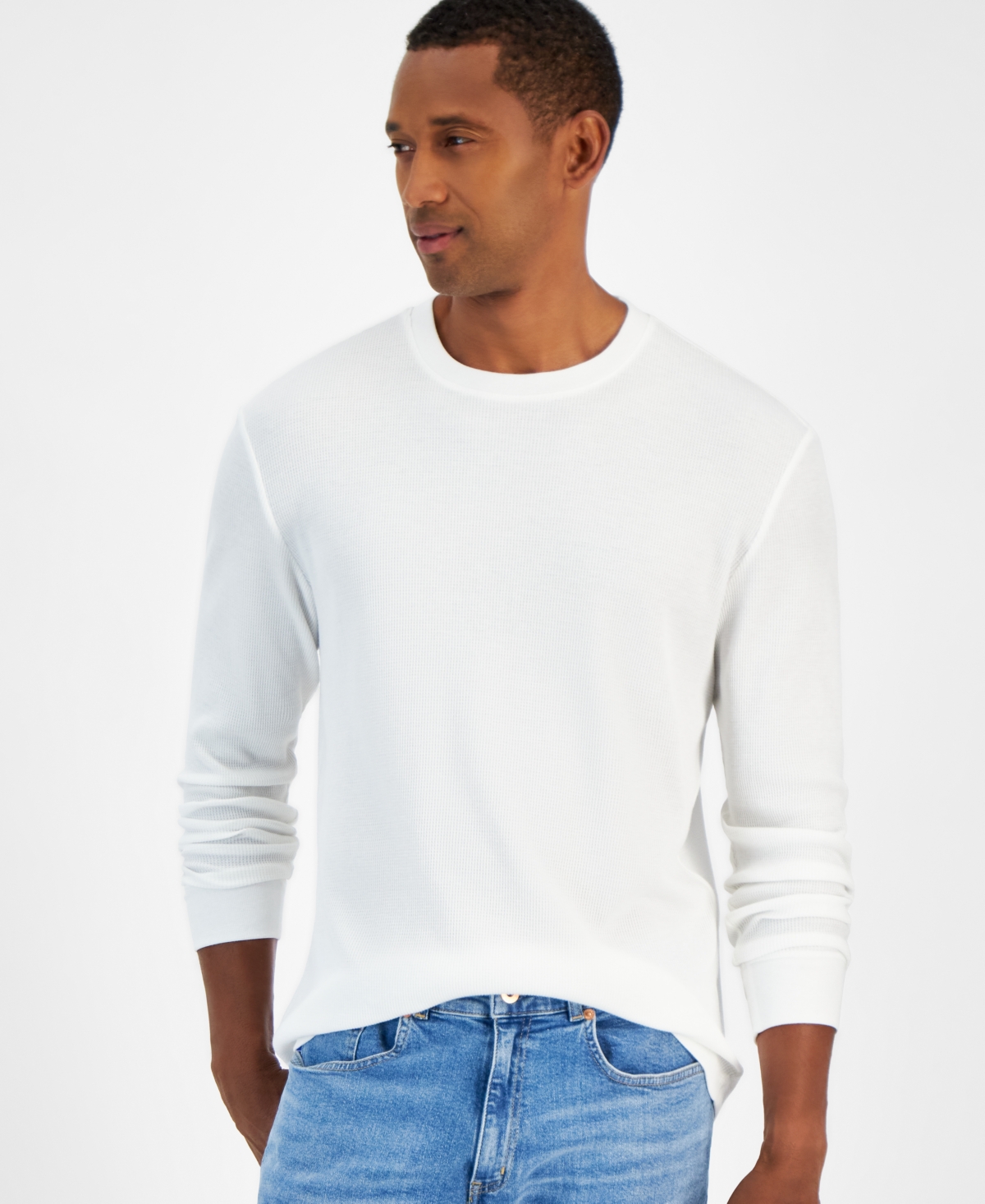Club Room Mens Thermal Long-Sleeve Ribbed Crewneck Sweater  Created for Macys - Pearl