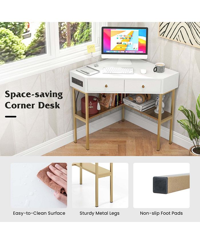 Costway Corner Desk with Built-in Charging Station Storage Drawers ...