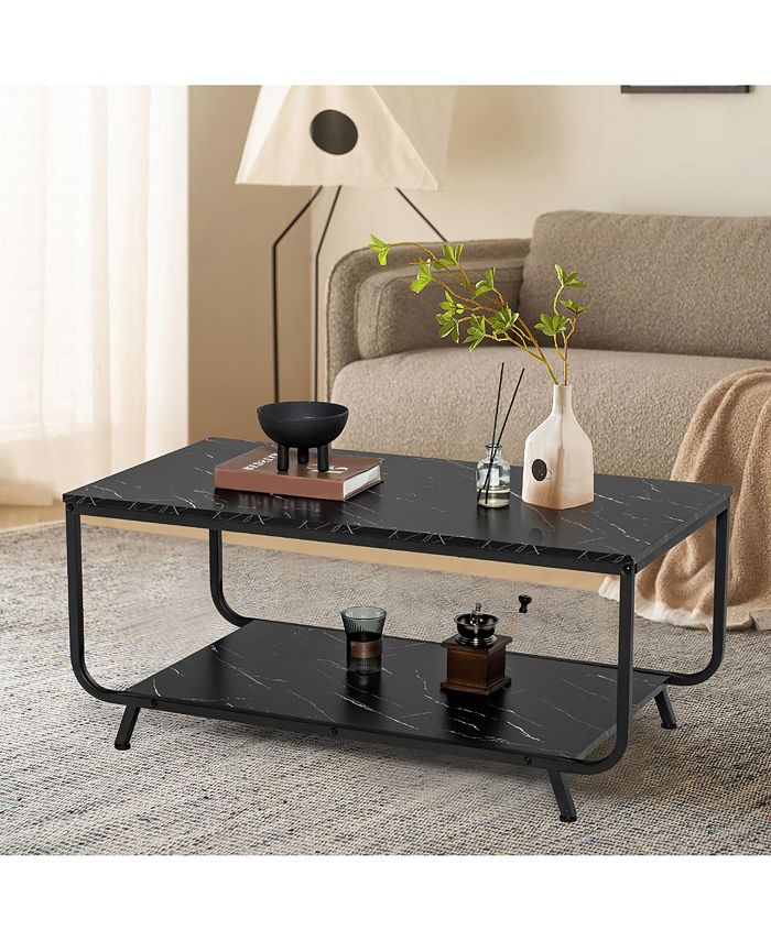 Costway Coffee Table 2-Tier Modern Marble Coffee Table W/ Storage Shelf ...