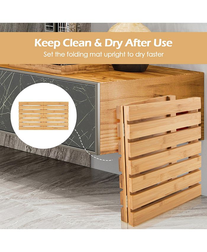 Costway Bamboo Bath Mat Foldable Shower Mat w/ Non-slip Pads & Slatted ...