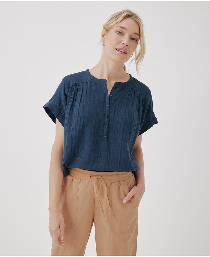 Pact Women's Organic Cotton Coastal Double Gauze Short Sleeve Popover ...