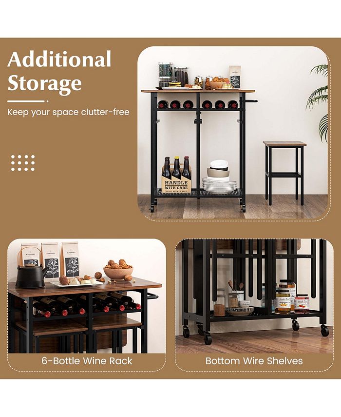 Costway 3 PCS Rolling Dining Table Set Extendable Kitchen Table 2 ...