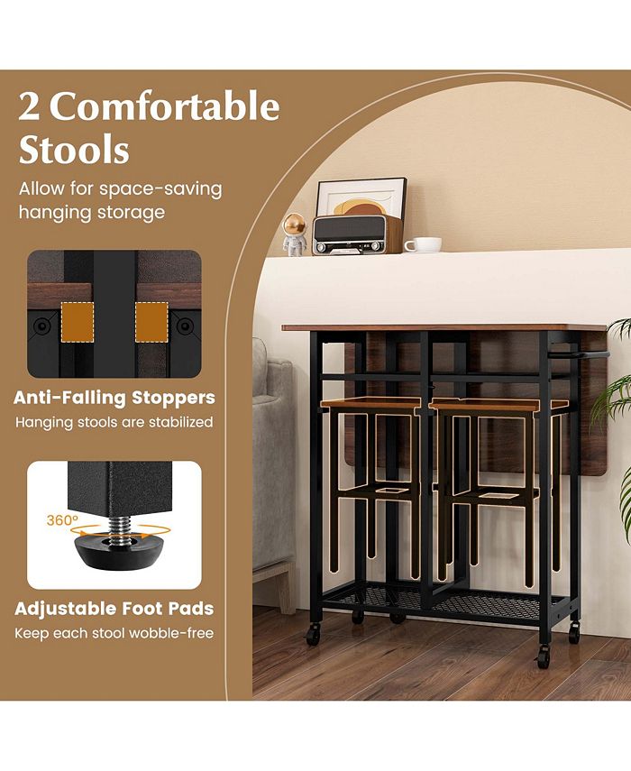 Costway 3 PCS Rolling Dining Table Set Extendable Kitchen Table 2 ...