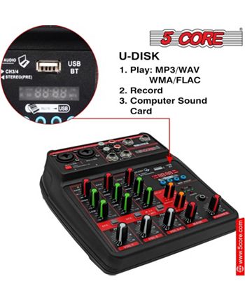 5 Core Audio Interface Mixer 4 Channel PC XLR Bluetooth USB DJ Music ...