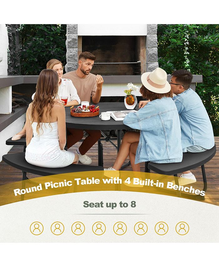 Costway Outdoor 8-person Round Picnic Table Bench Set with 4 Benches ...