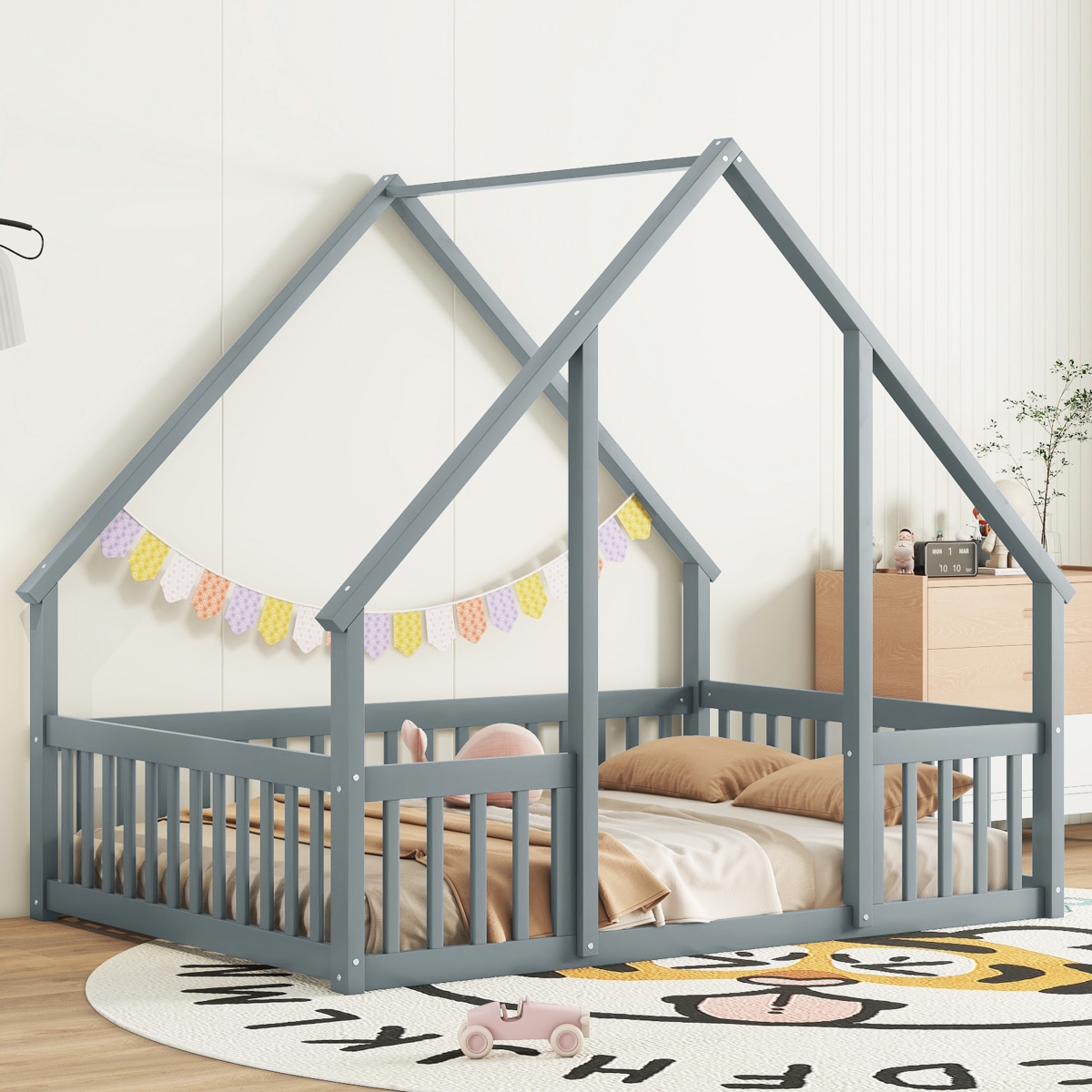 Click here for Streamdale Full Wood House-Shaped Floor Bed with F... prices