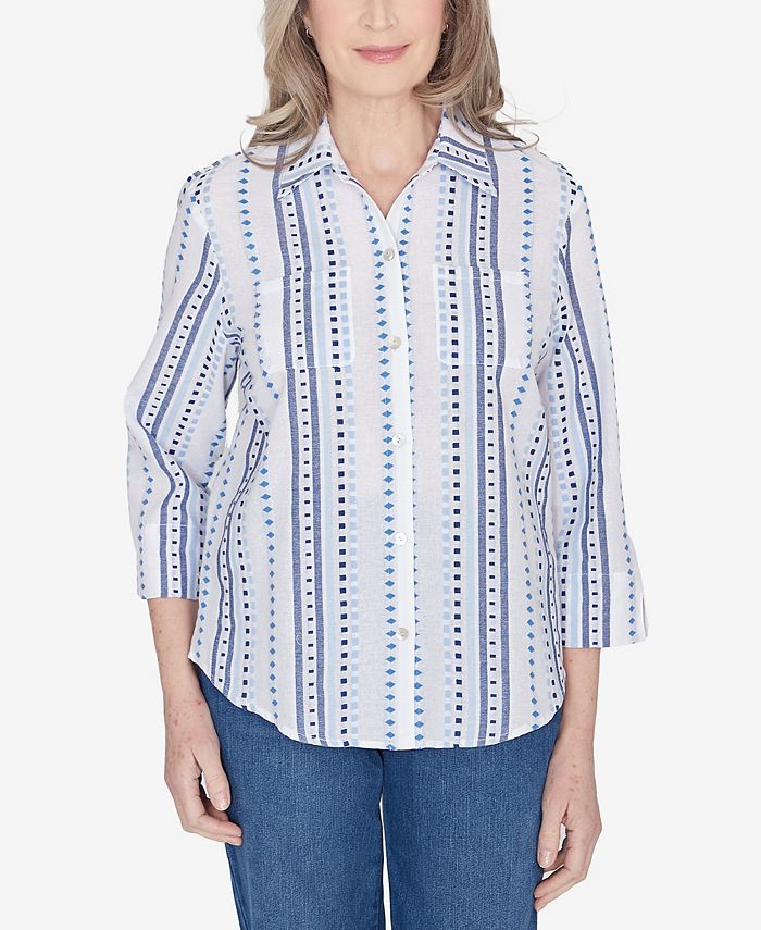 Alfred Dunner Classic Jacquard Stripe Collared Button Down Top - Macy's