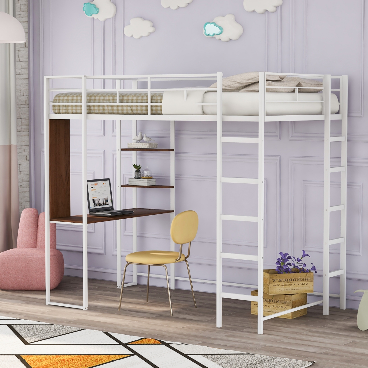 Click here for Streamdale Twin Metal Loft Bed With 2 Shelves And... prices