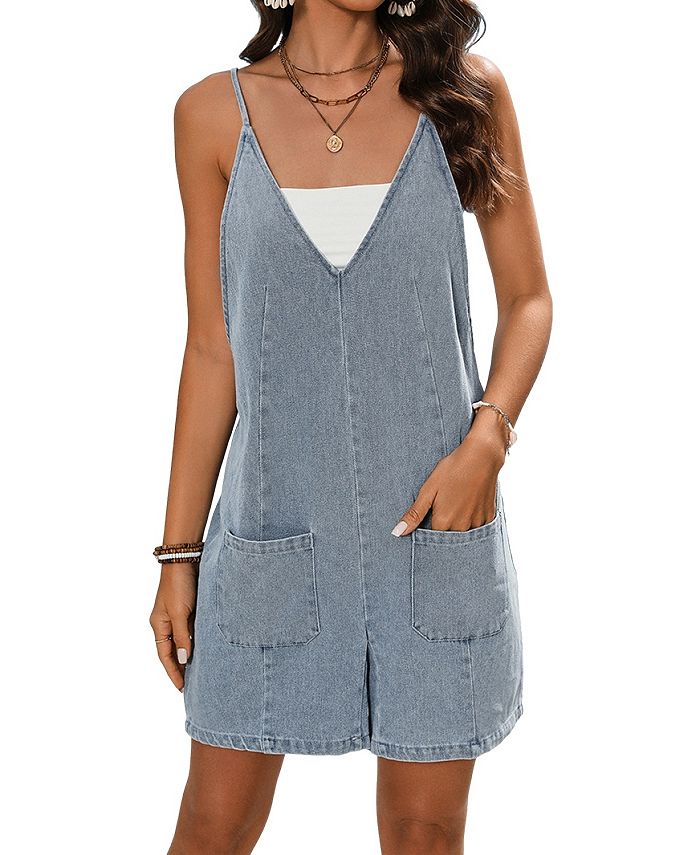 CUPSHE Women's Light Blue Denim Sleeveless Plunging Romper - Macy's