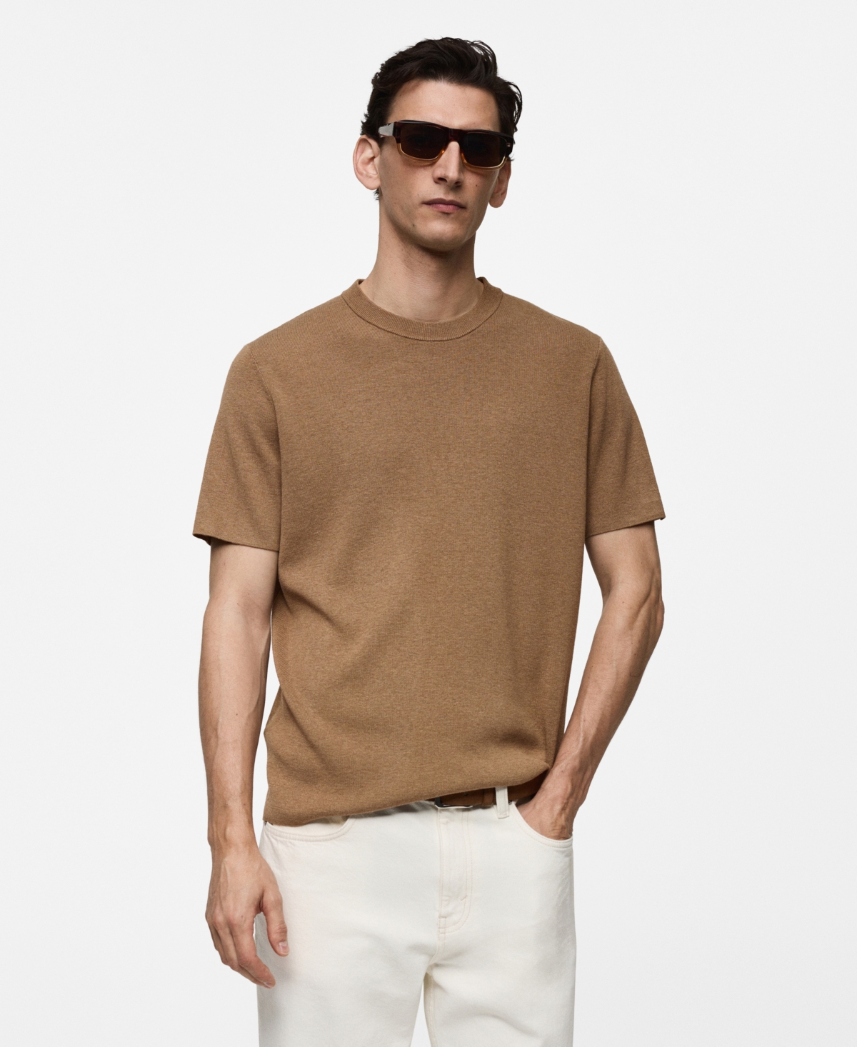 Click here for Mango Mens Knit Cotton T-Shirt - Medium Brown prices