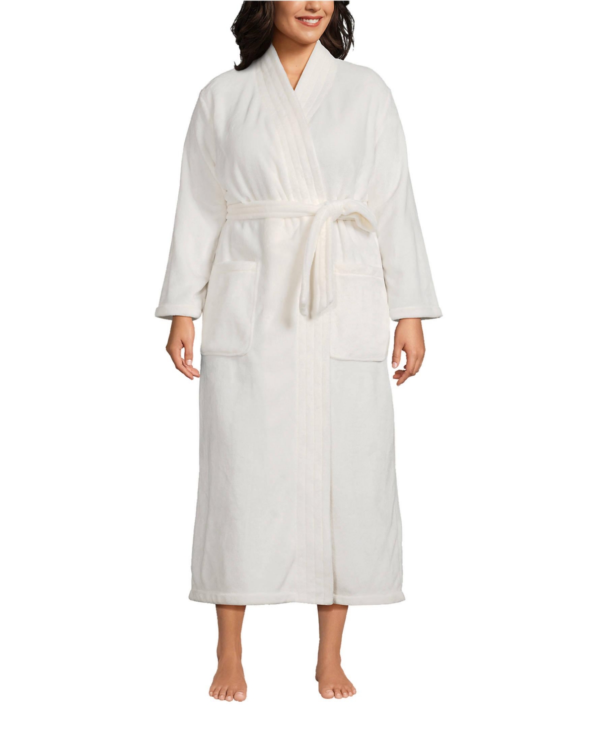 Lands End Plus Size Cozy Plush Long Wrap Robe - Ivory