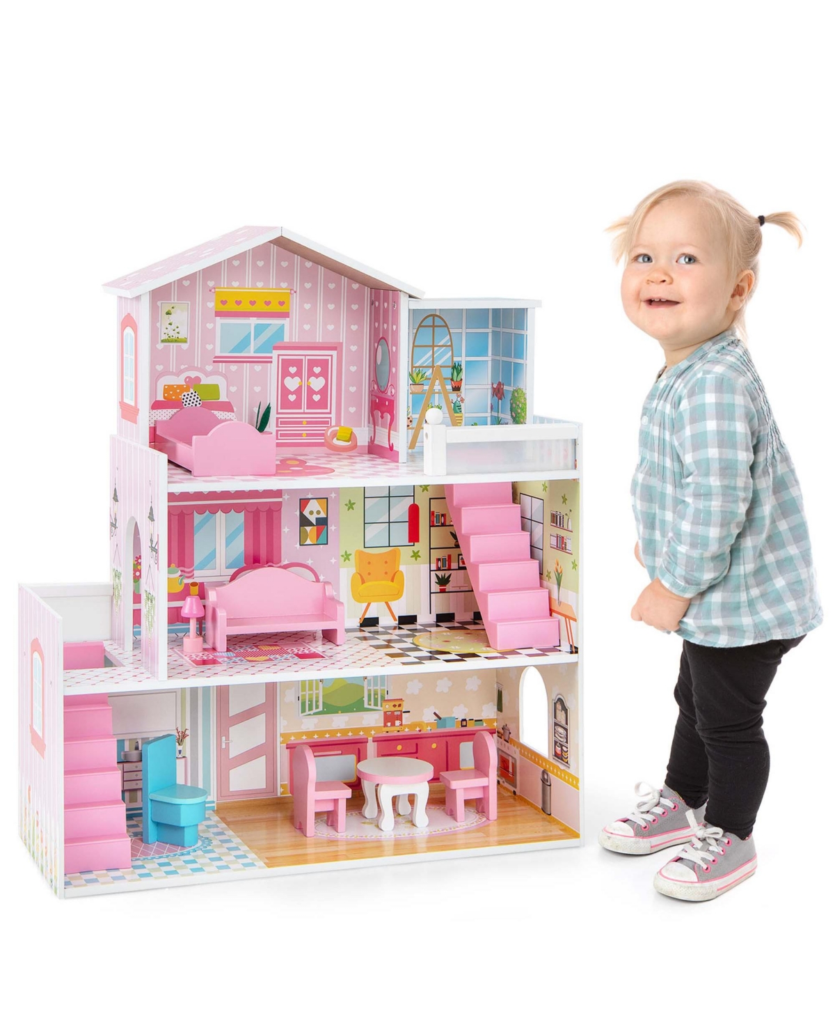 Click here for Costway Kids Wooden Dollhouse Playset with 5 Simul... prices