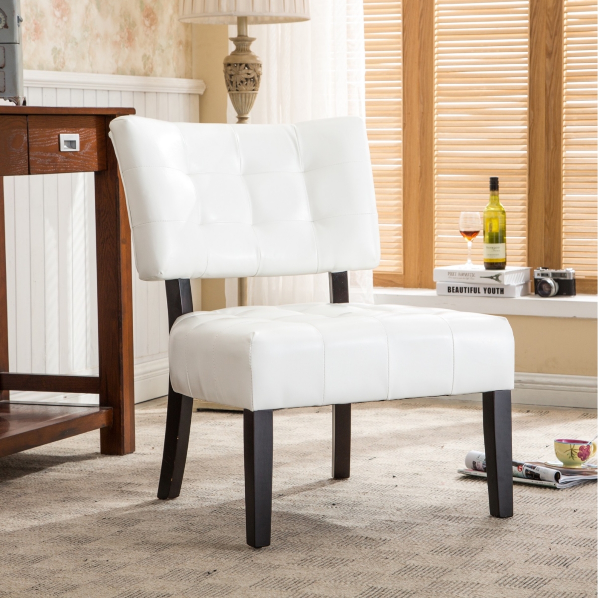 Click here for Simplie Fun Blended Leather Tufted Accent Chair wi... prices