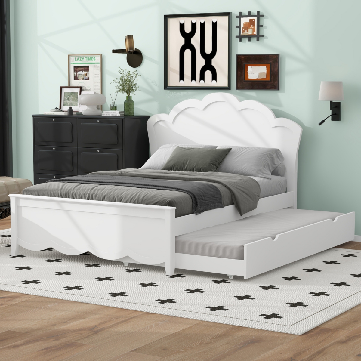 Click here for Full Size Wood Platform Bed with Headboard and Twi... prices