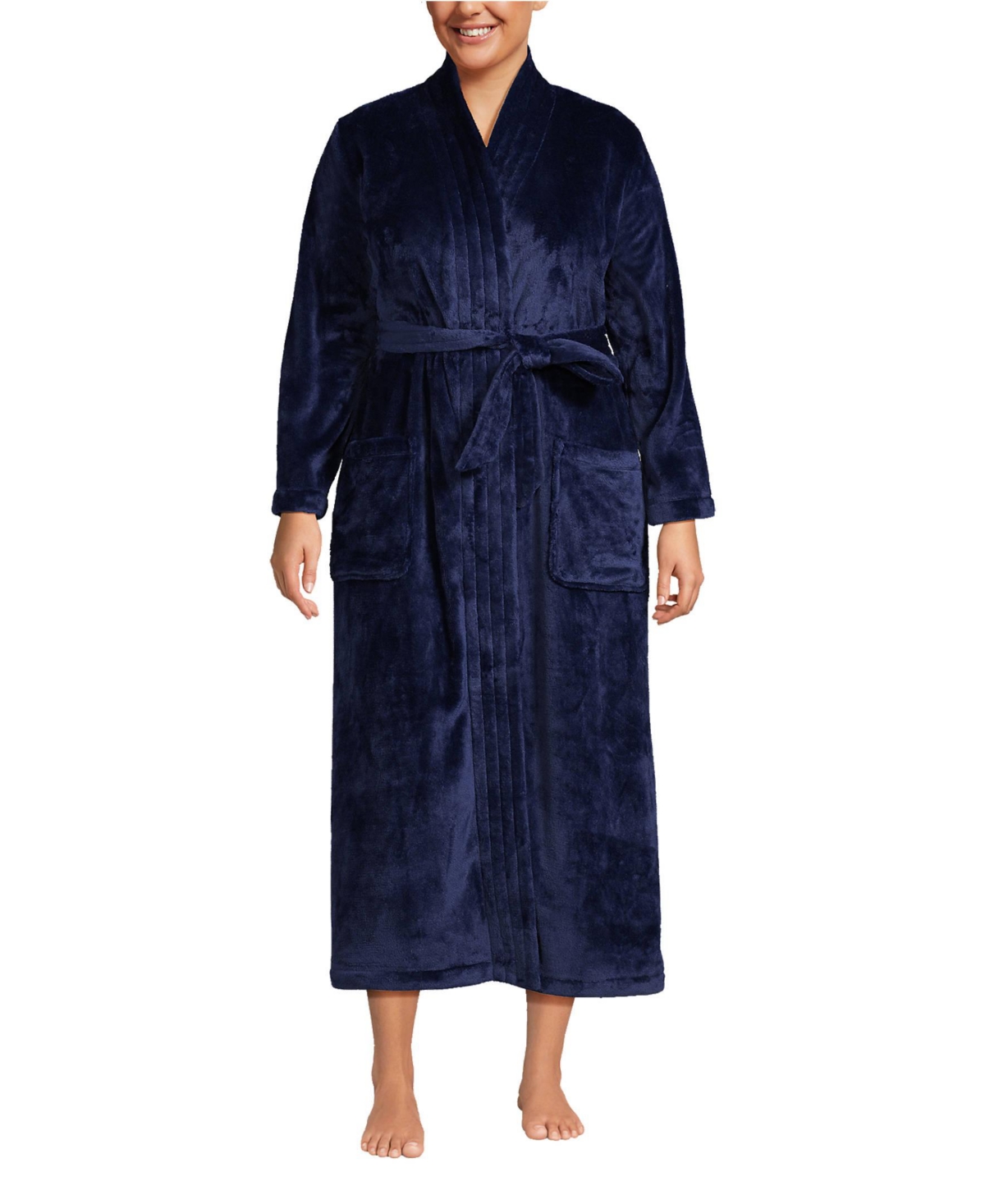 Lands End Plus Size Cozy Plush Long Wrap Robe - Deep sea navy