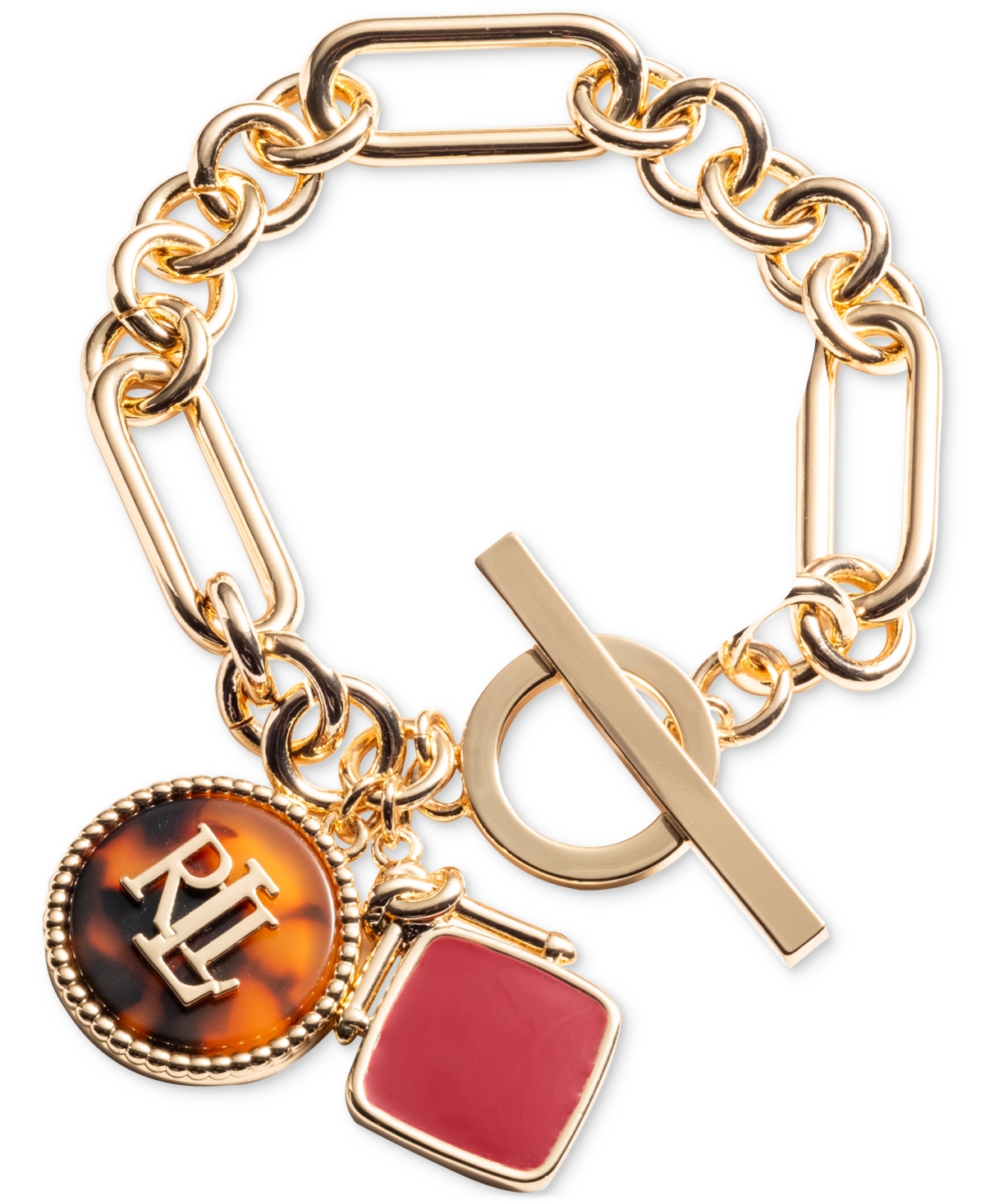 Lauren Ralph Lauren Gold-Tone Logo Tortoise-Look Multi-Charm Link Bracelet - Dark Brown | Smart ...