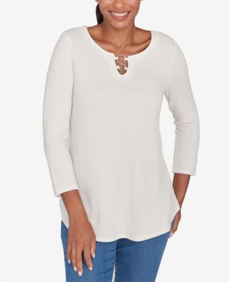 Ruby Rd. Petite Scoop Neck with Ring Detail Solid Textural Knit Top - Macy's