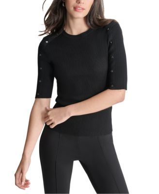 DKNY Petite Ribbed Button-Sleeve Crewneck Sweater - Macy's