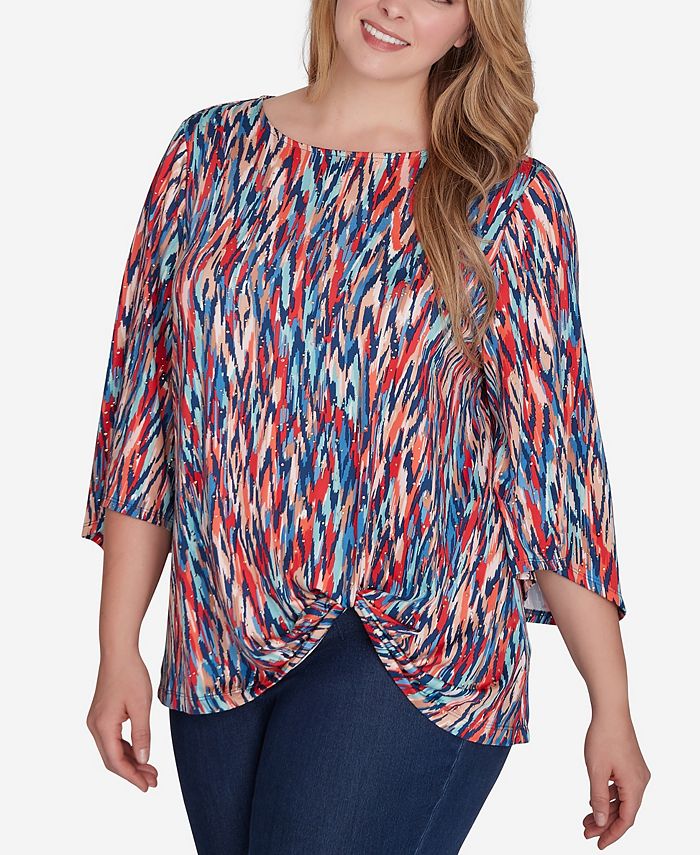Ruby Rd. Plus Size Scoop Neck Ikat Dew Drop Printed Knit Top - Macy's
