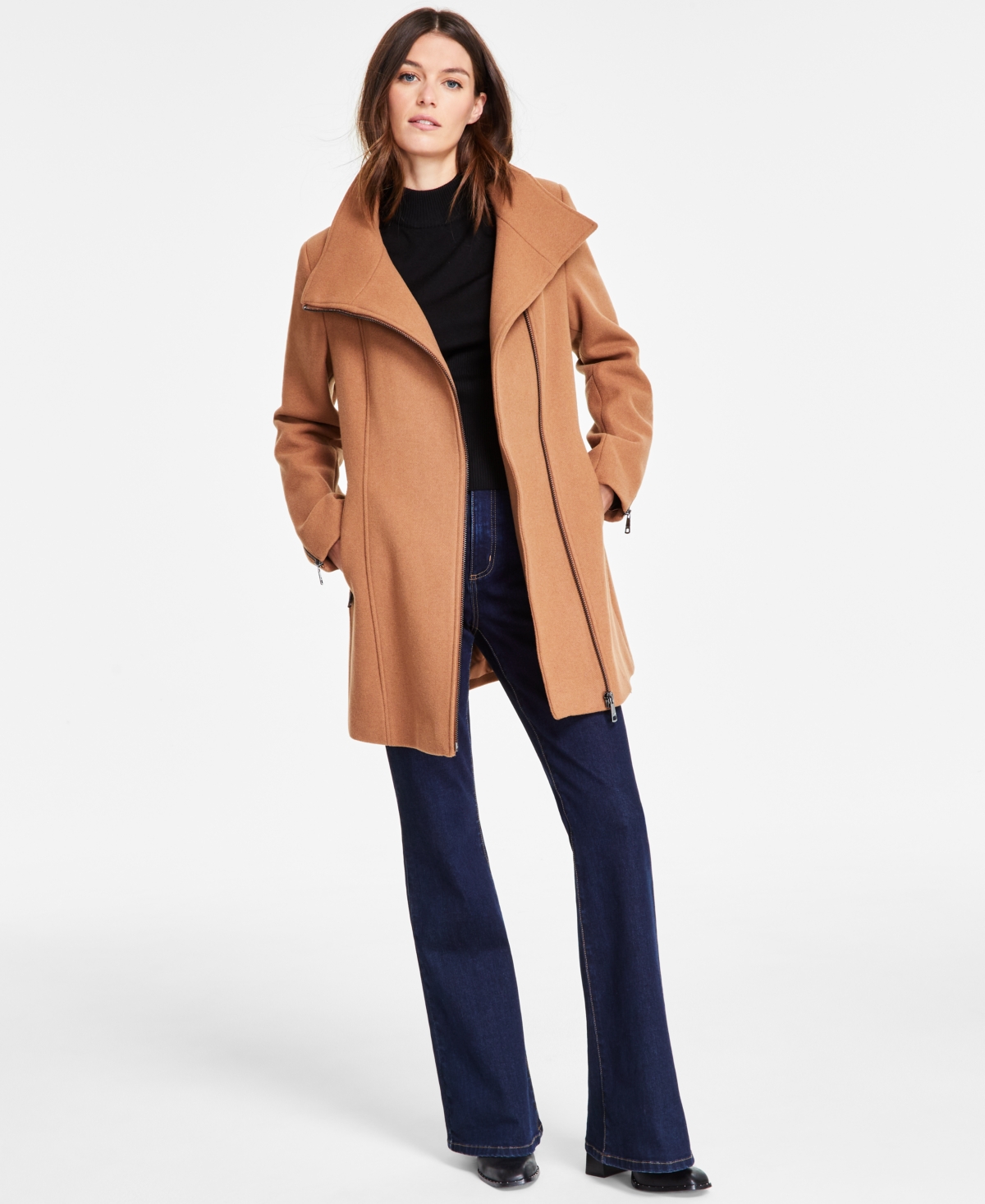 Click here for Dkny Womens Asymmetrical Zip Coat - Dark Camel prices