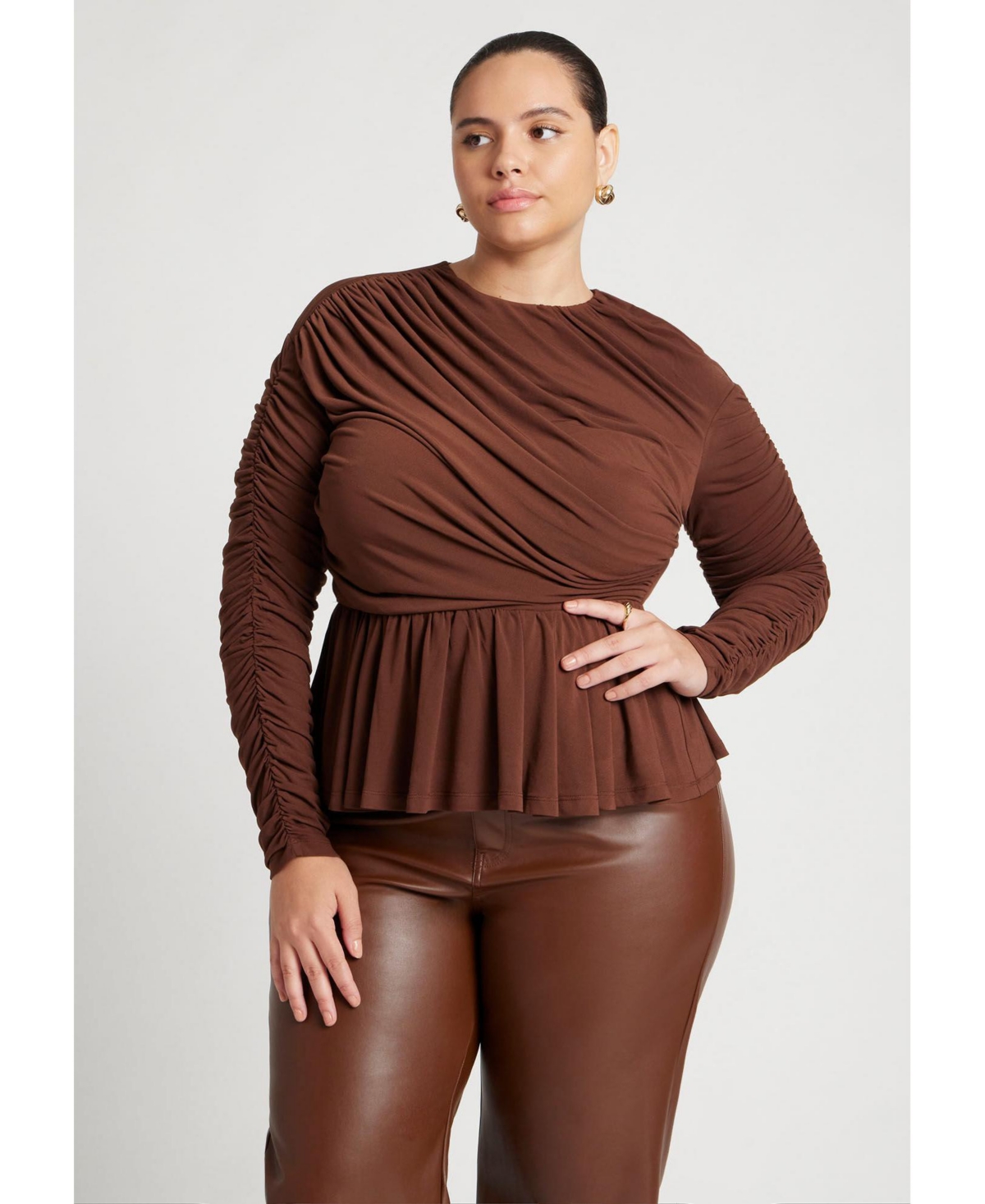 Click here for Eloquii Womens Shirred Peplum Top - Potting soil prices