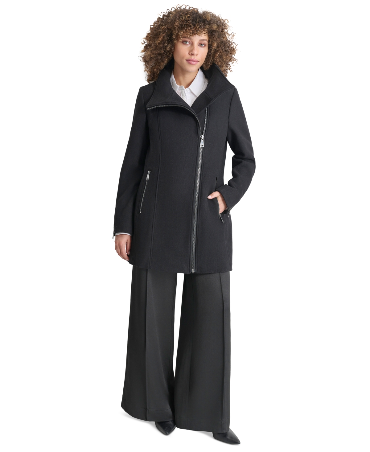 Click here for Dkny Womens Asymmetrical Zip Coat - Black prices