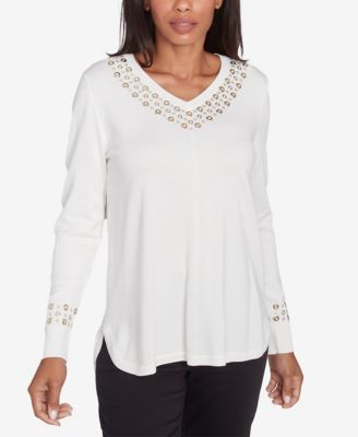 Ruby Rd. Petite Grommet Embellished Fine Gauge V-Neck Sweater - Macy's