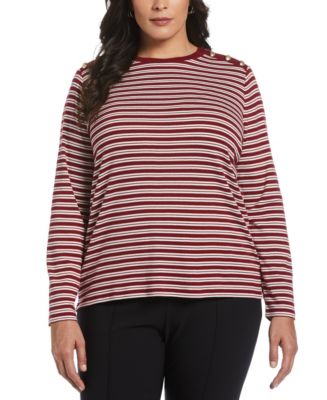 Rafaella Plus Size Candy Stripe Button Detail Long Sleeve Top - Macy's