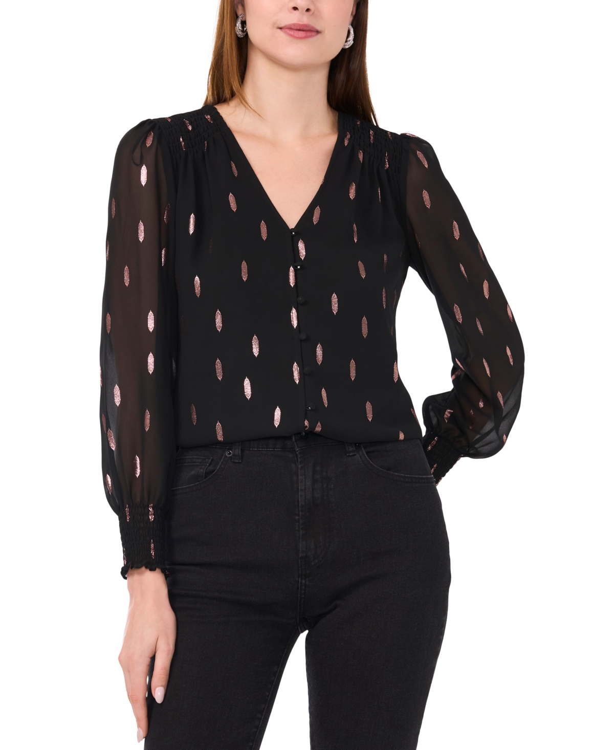 Click here for Sam & Jess Womens V-Neck Button-Front Smocked-Shou... prices