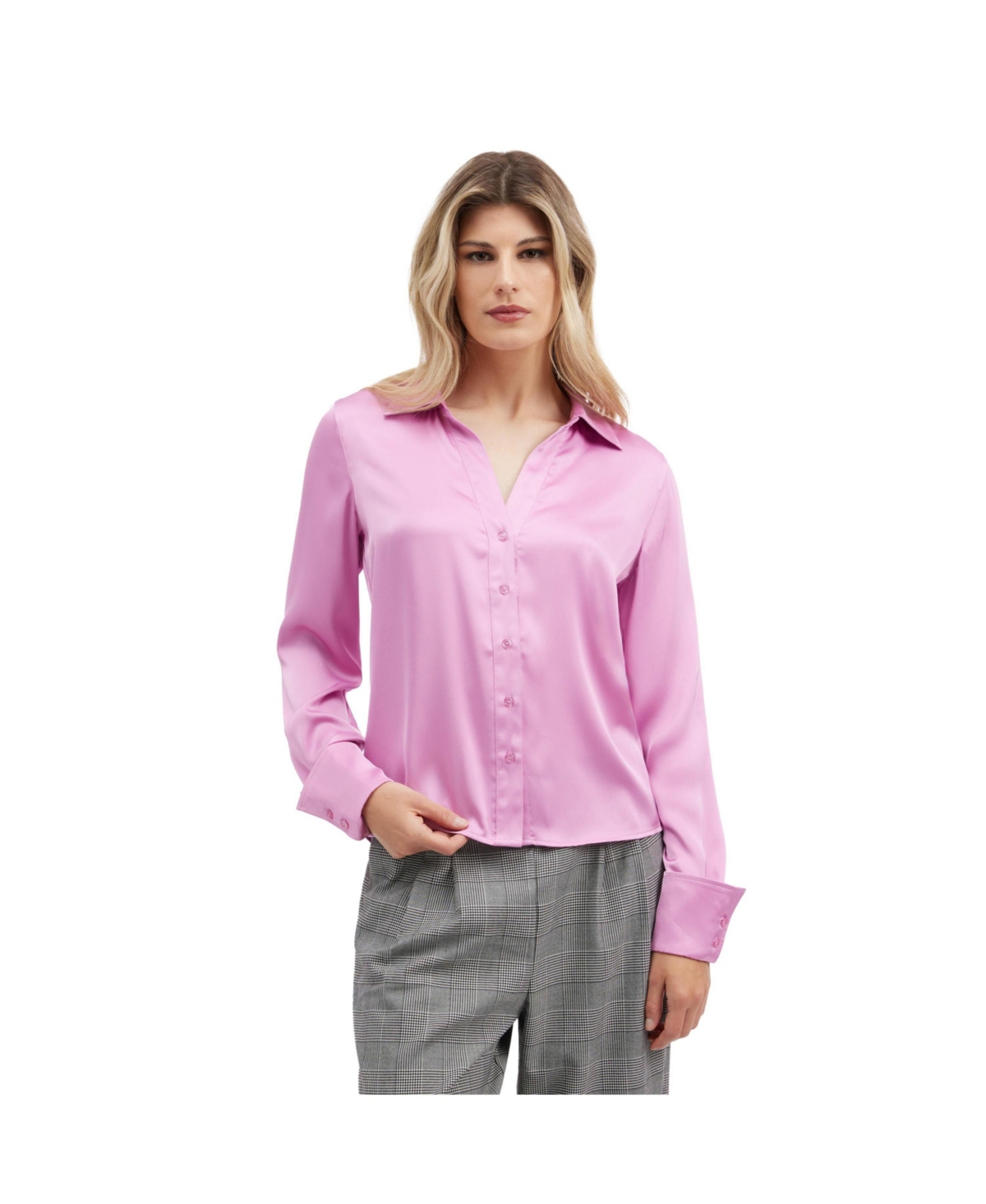 Click here for Nvlt Womens Button Front Satin Blouse - Lavender prices