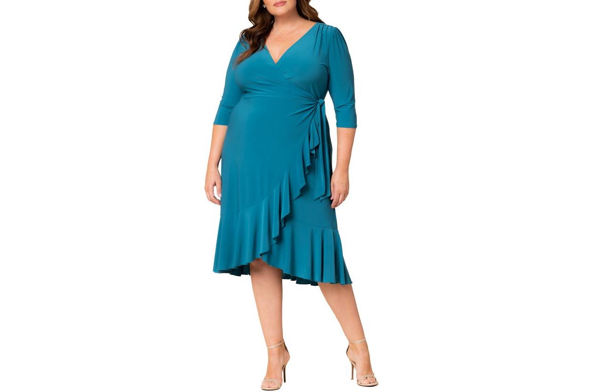 Click here for Kiyonna Plus Size Whimsy Ruffled Midi Wrap Dress -... prices