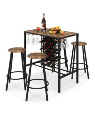 SUGIFT 5 Pieces Bar Table and Stools Set with Wine Rack and Glass ...