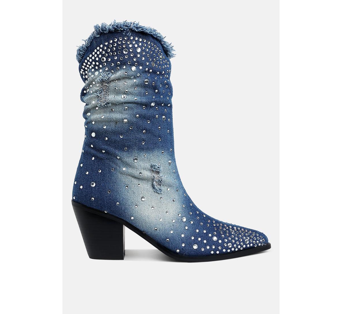 Click here for Savant Diamante & Rhinestones Denim Boots - Dark b... prices