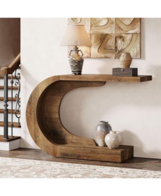 43.3 C Shaped Console Table Mid Century Modern Wood Entryway Hallway Table Heavy Duty Entry Accent Table for Hall Living Room Entrance Foyer