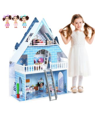 Gymax Wooden Dollhouse 3-Story Pretend Playset W/ Furniture & Doll Gift ...