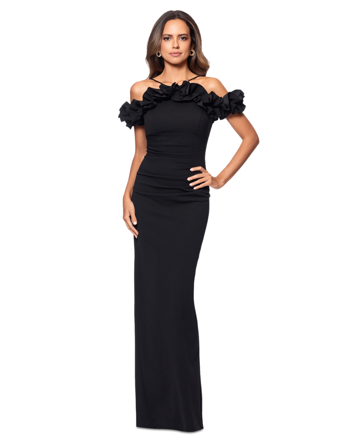 Click here for Xscape Womens Halter-Strap Ruffled Gown - Black prices