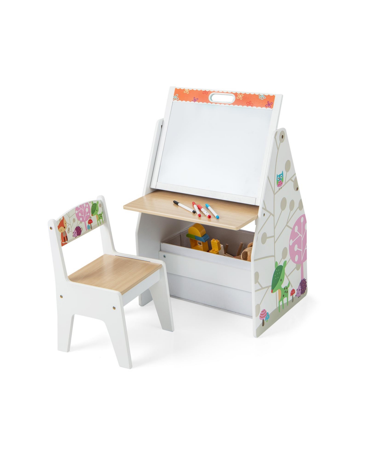Gouun 3 in 1 Kids Easel and Play Station Convertible with Chair and Storage Bins - White