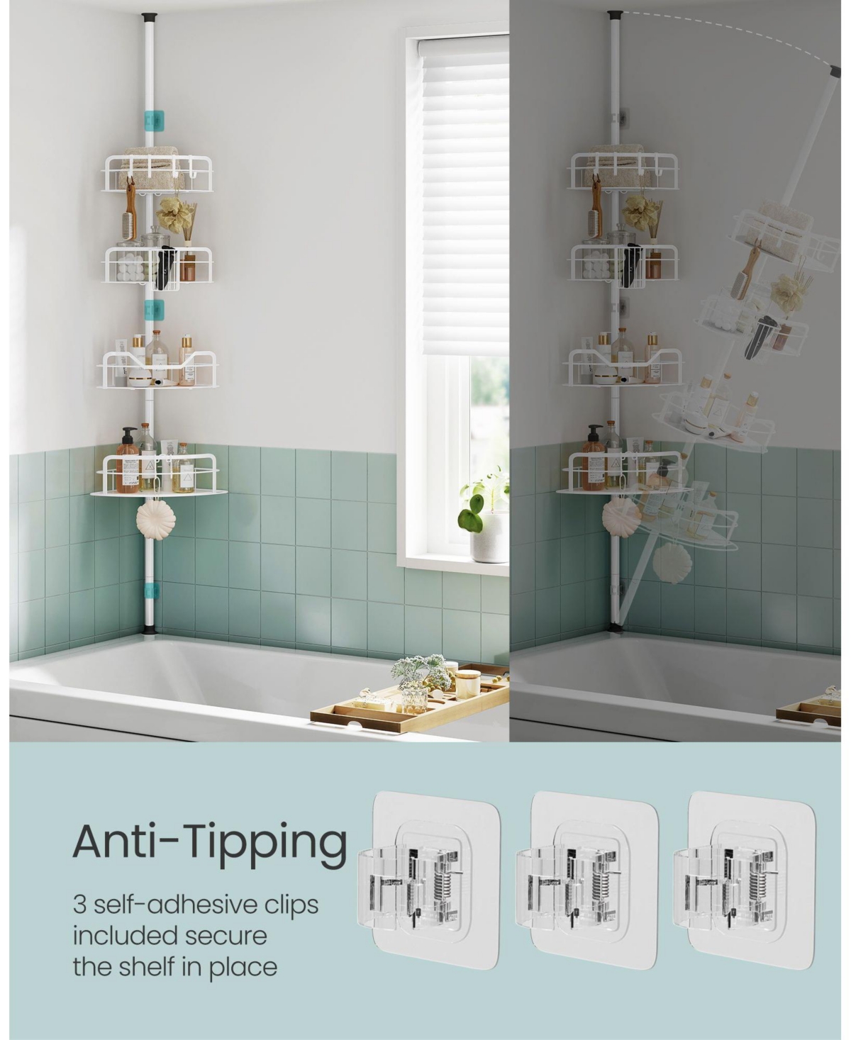 Slickblue Rust-Resistant 4-Tier Corner Shower Caddy with Tension Pole ...