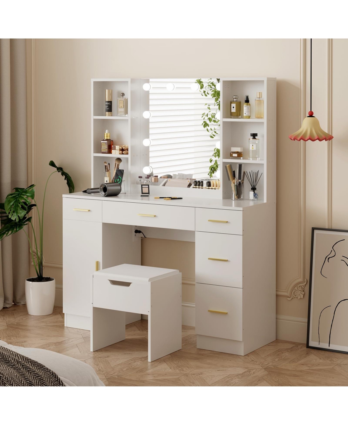 Click here for gaomon Vanity Desk With Led Lighted Mirror - White prices