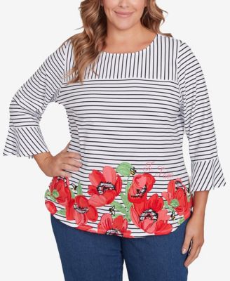 Ruby Rd. Plus Size Poppy Embroidered Stripe Knit Top - Macy's
