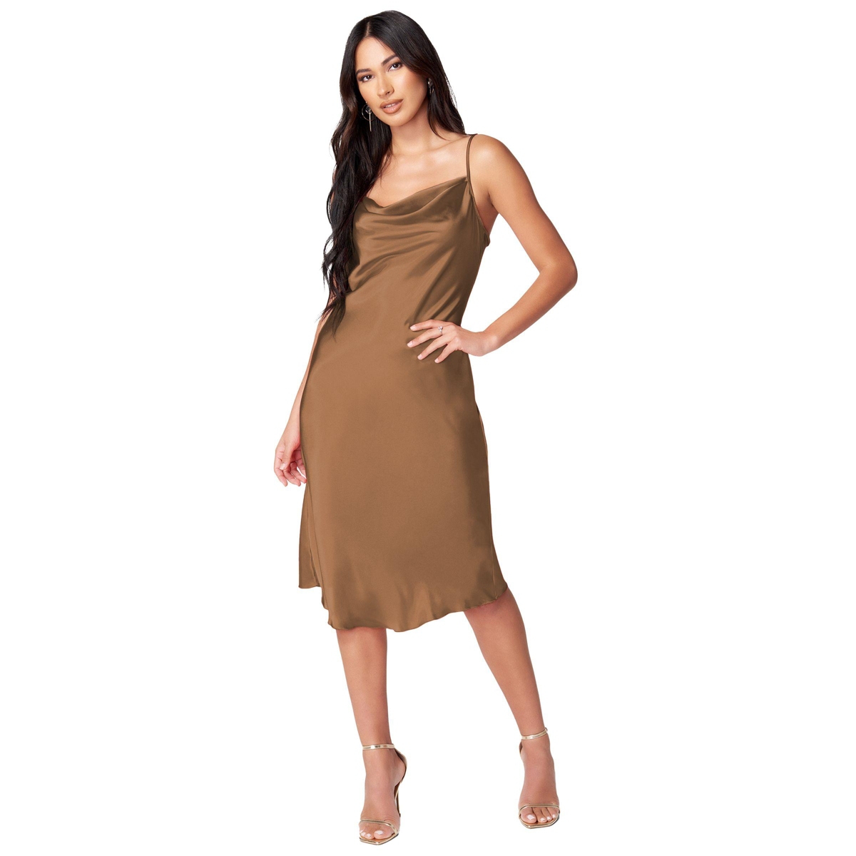 Click here for Bebe Womens Satin Midi Slip Dress - Bronze prices