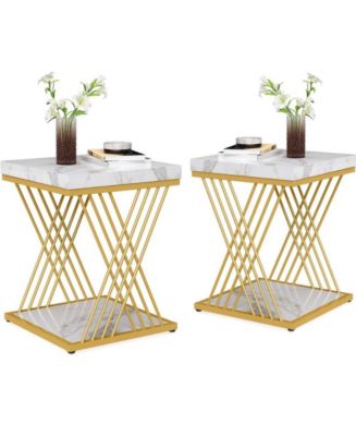 Tribesigns Set of 2 Square End Table, White Gold 2-Tier Side Table ...