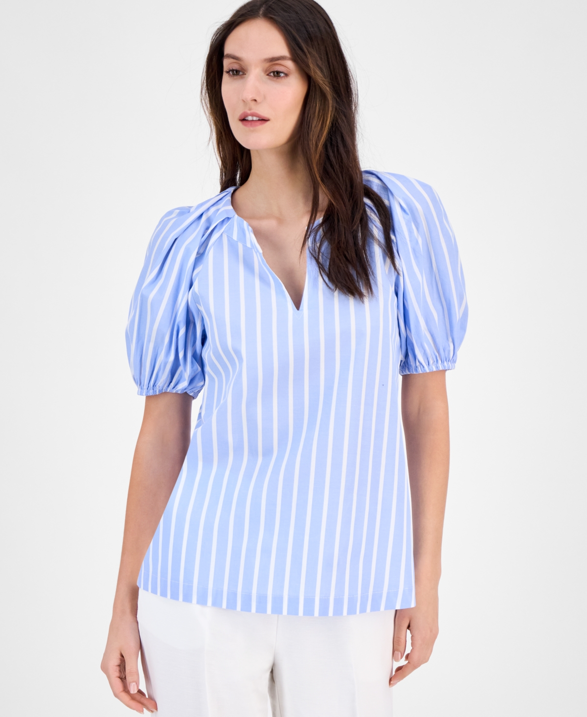 Click here for Anne Klein Petite Cotton Striped Puffed-Sleeve Spl... prices