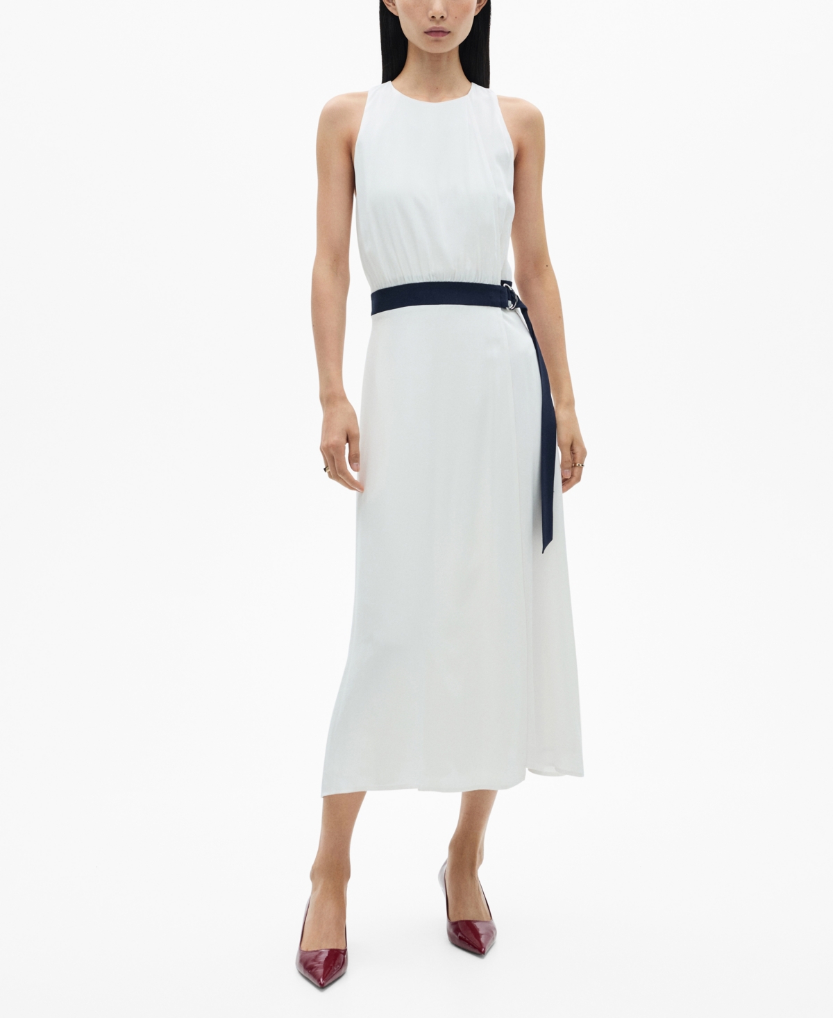 Click here for Mango Womens Contrast Belt Dress - White prices