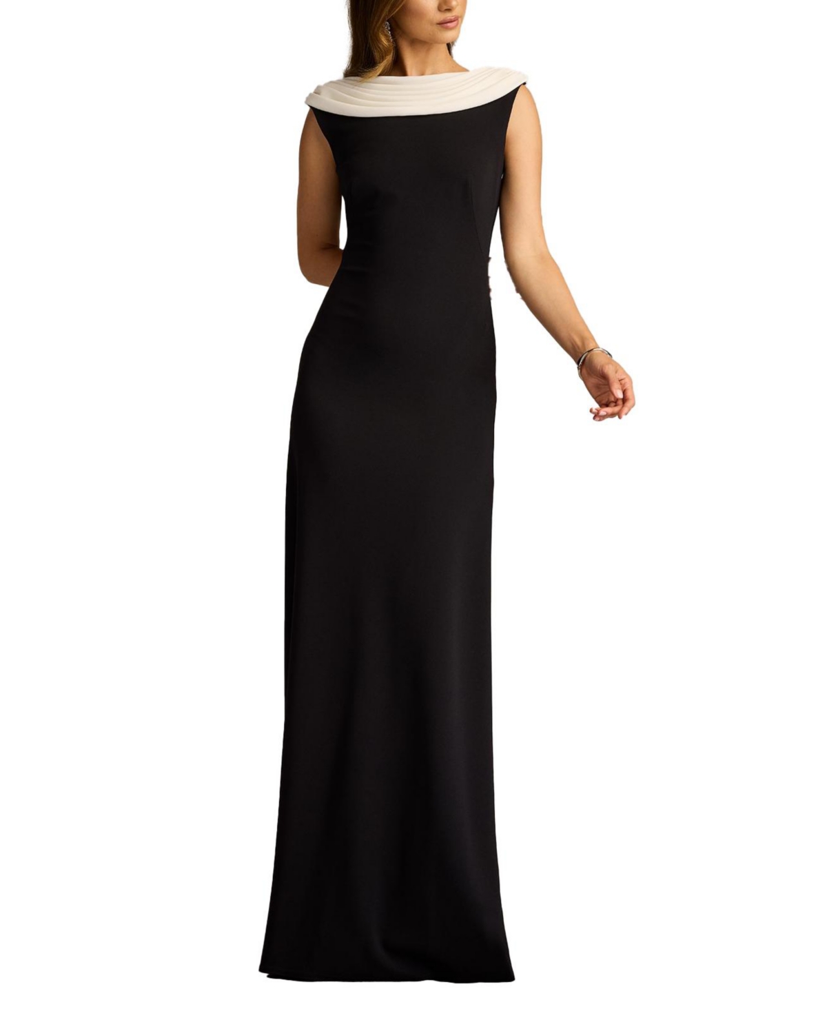 Click here for Tadashi Shoji Plaza Drape Back Gown - Bk/iv prices