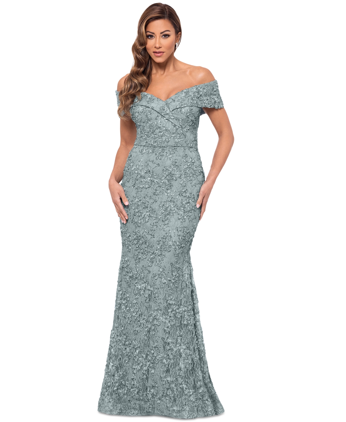 Click here for Xscape Off-The-Shoulder Lace Gown - Sage prices