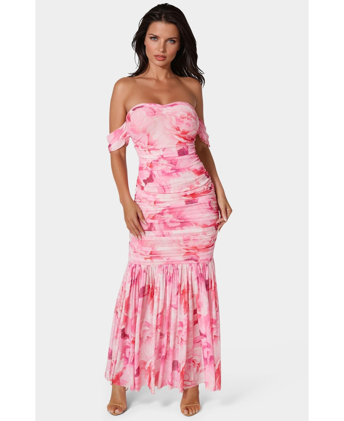 Click here for Bebe Womens Off Shoulder Ruched Mesh Gown - Light... prices